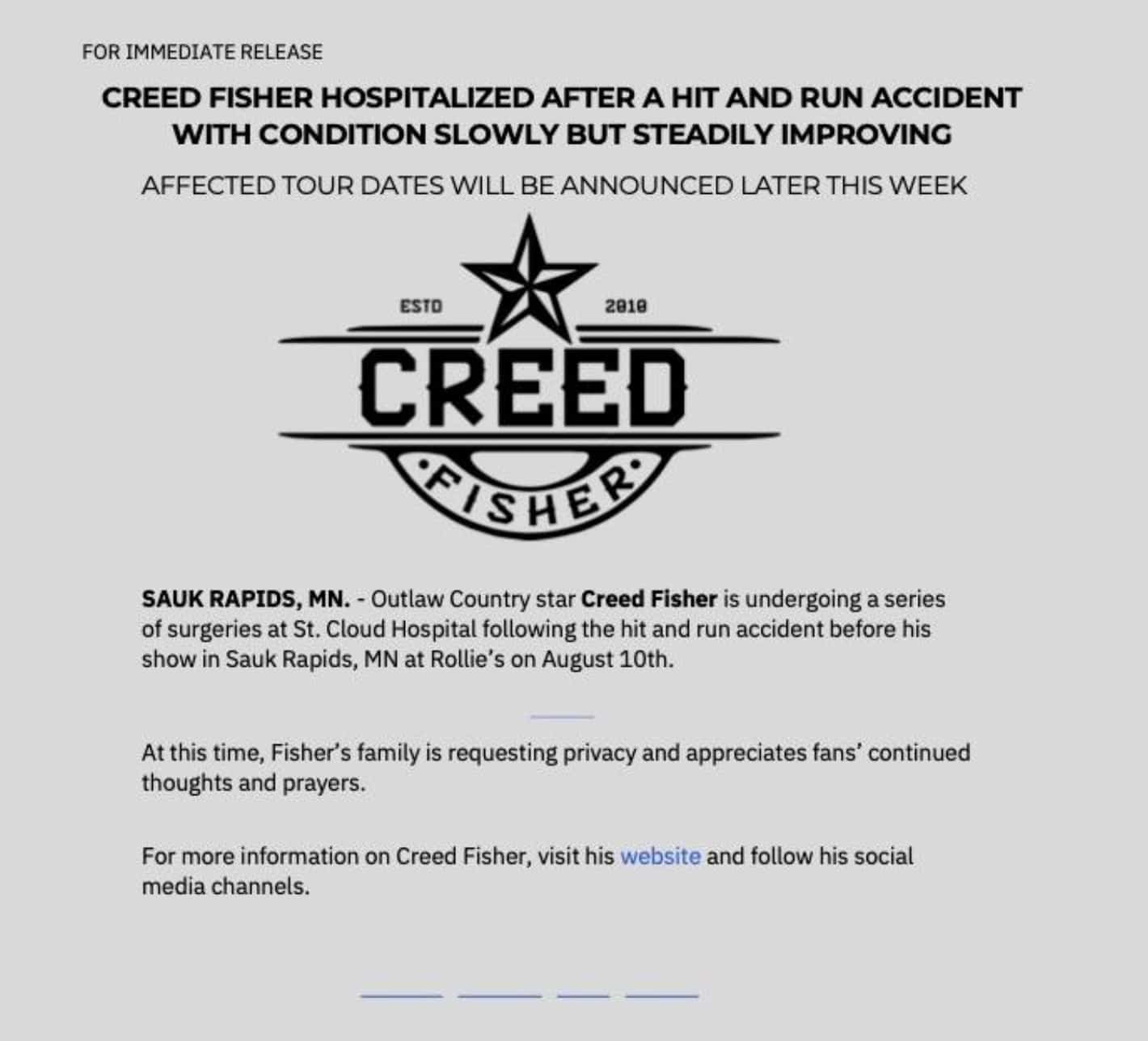 Outlaw Country Singer Creed Fisher Hospitalized After Hit and Run